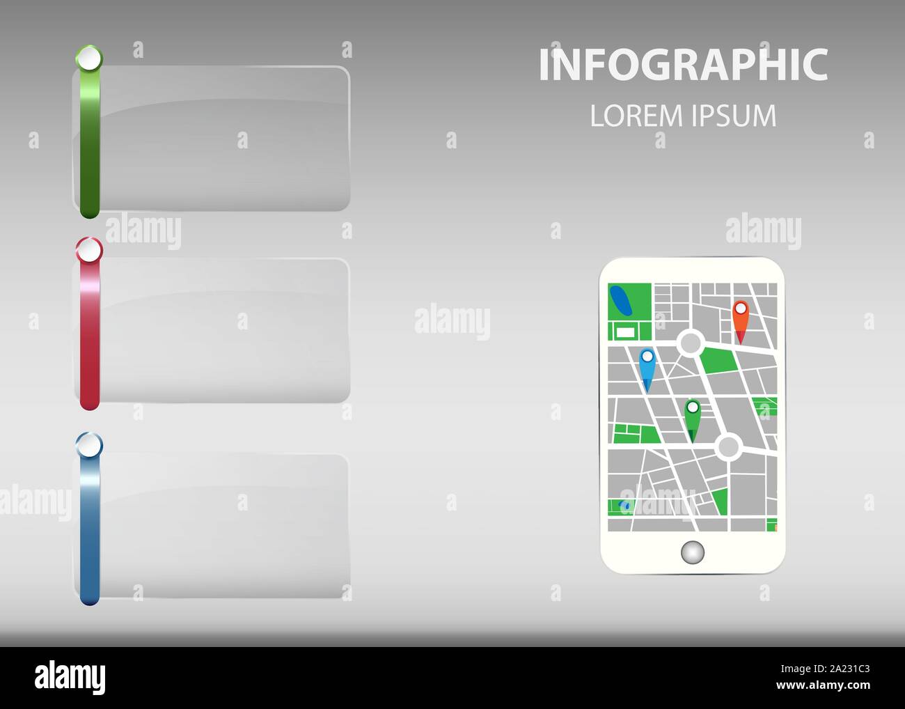 Smart phone showing a city map with a three points of interest. Set of ...
