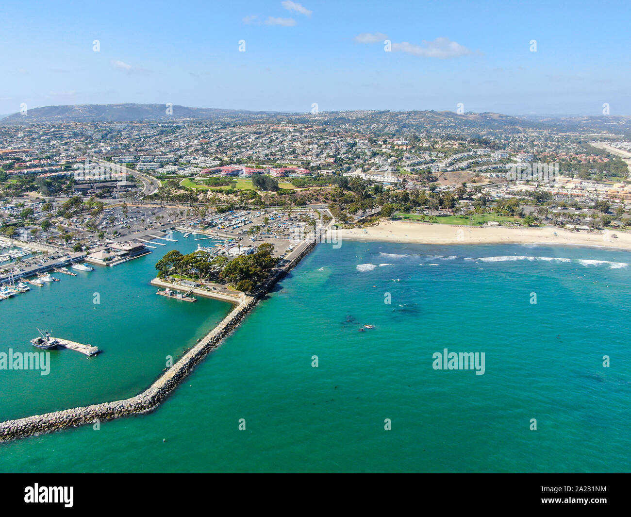 Aerial view of Dana Point Harbor town and beach. Southern Orange County ...