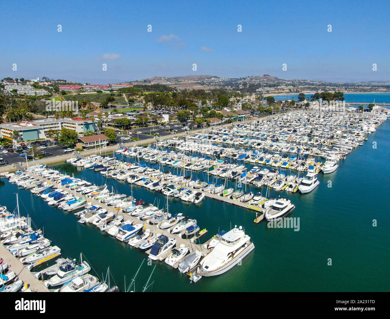 Aerial view of Dana Point Harbor and her marina with yacht and sailboat ...
