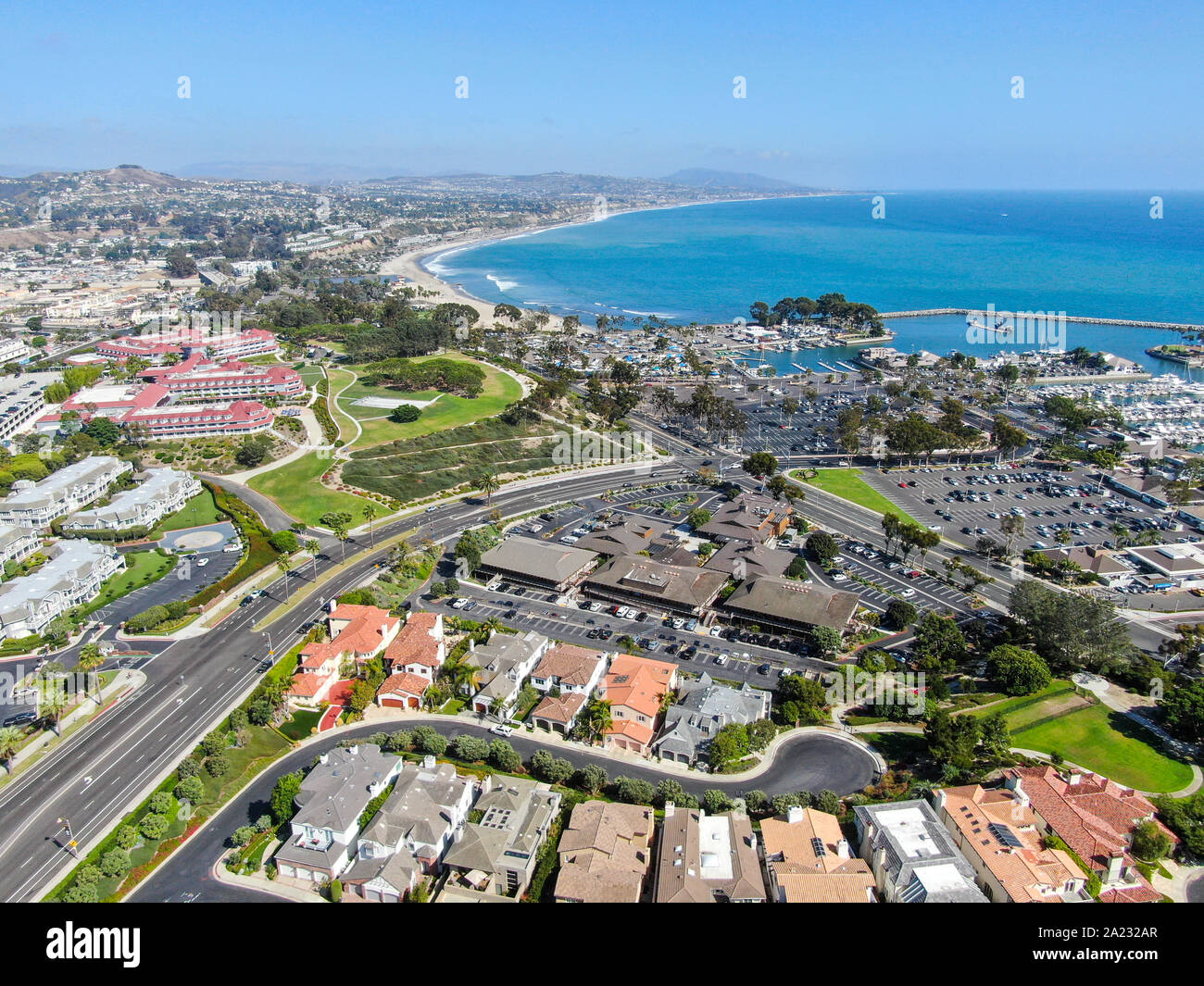 Aerial view of Dana Point Harbor town and beach. Southern Orange County ...