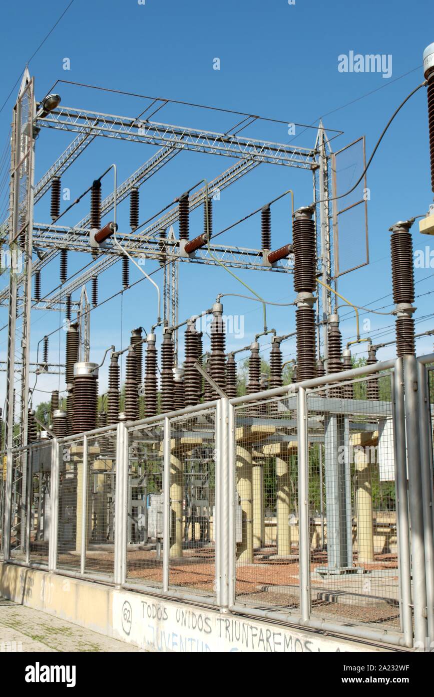 High voltage electrical transformers at a power station Stock Photo - Alamy