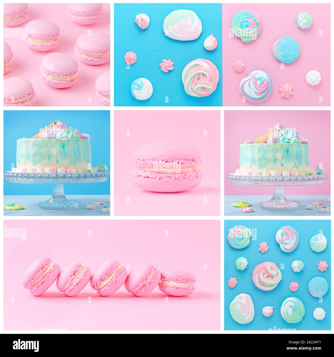 sweet collage with macaroons, cake and meringue on pink and blue ...