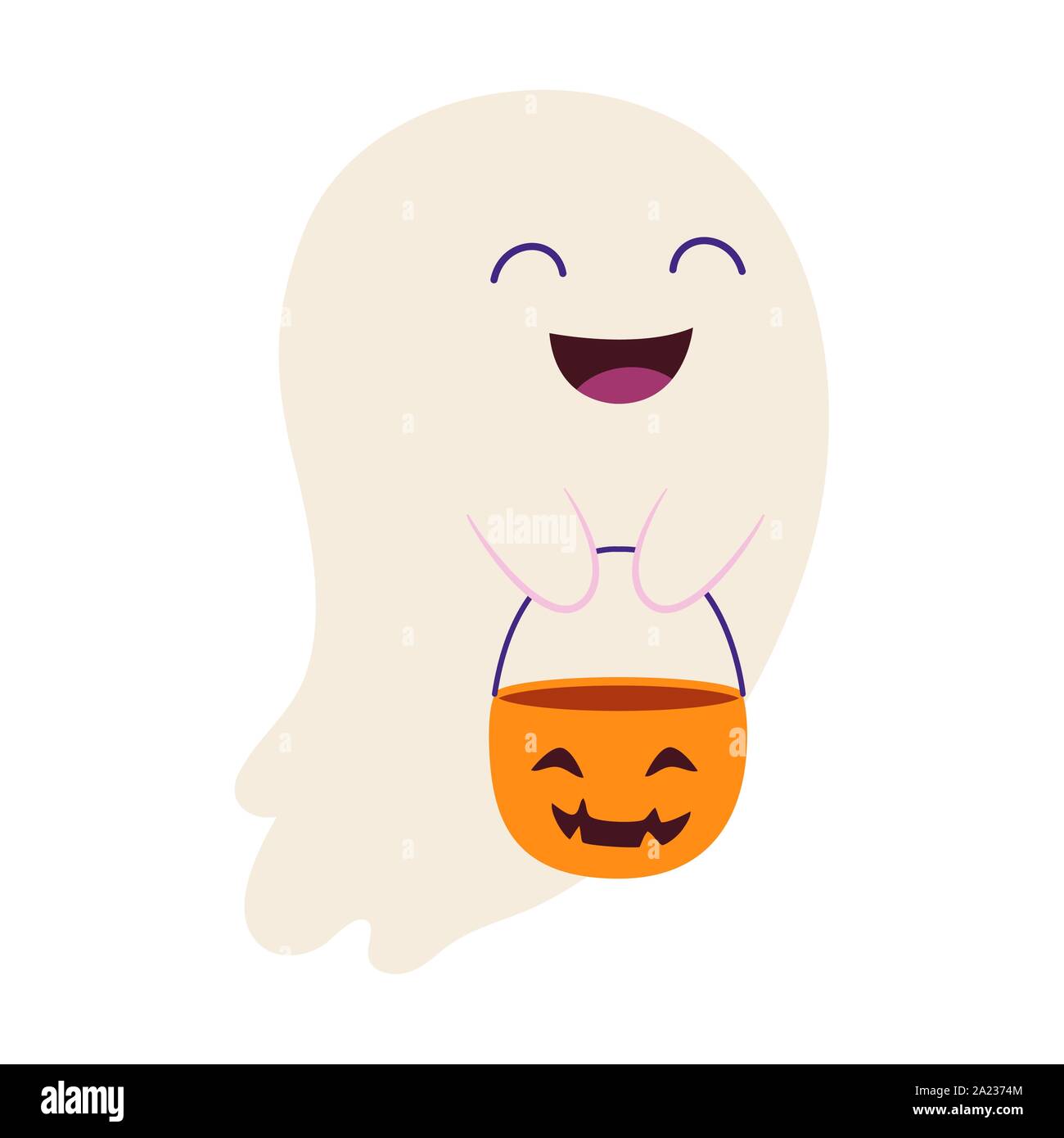 ghost cartoon with bucket pumpkin trick or treat happy halloween vector ...