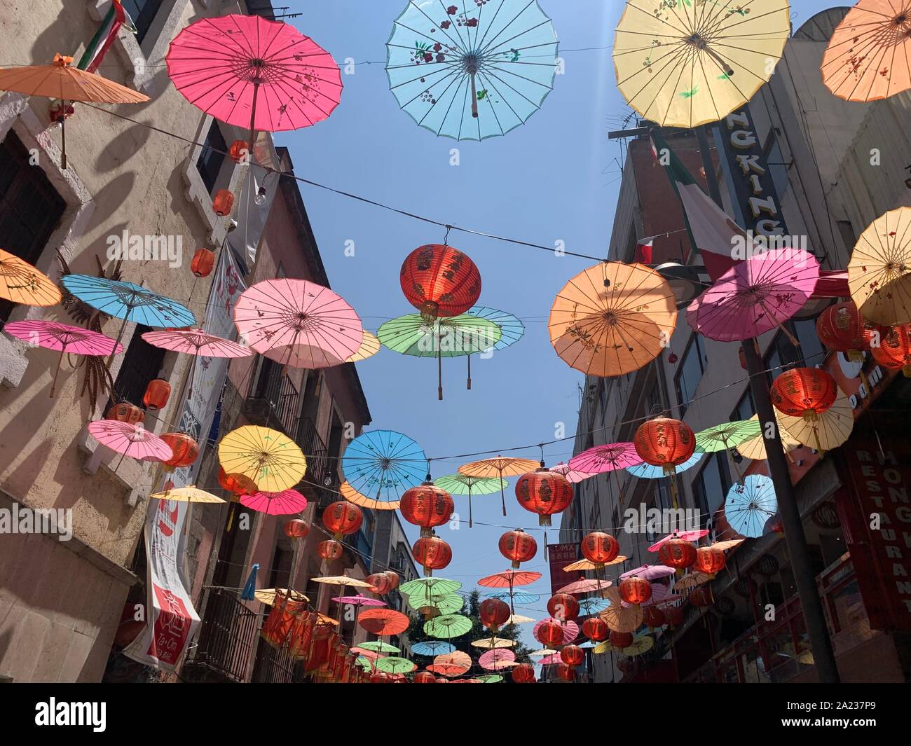 Street with decoration of popular festivals in the Chinatown of Mexico ...