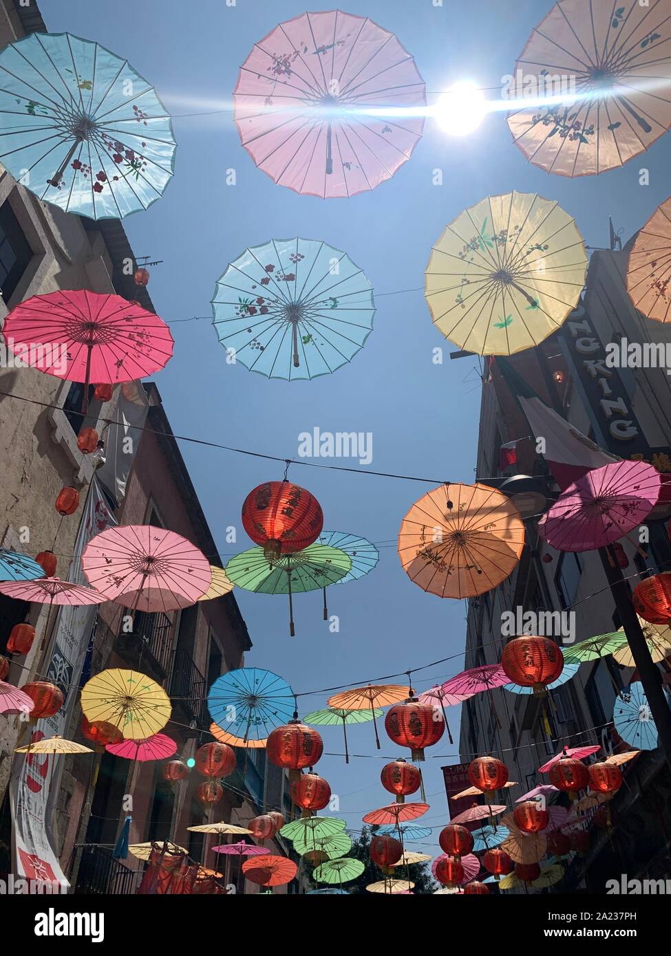 Street with decoration of popular festivals in the Chinatown of Mexico ...