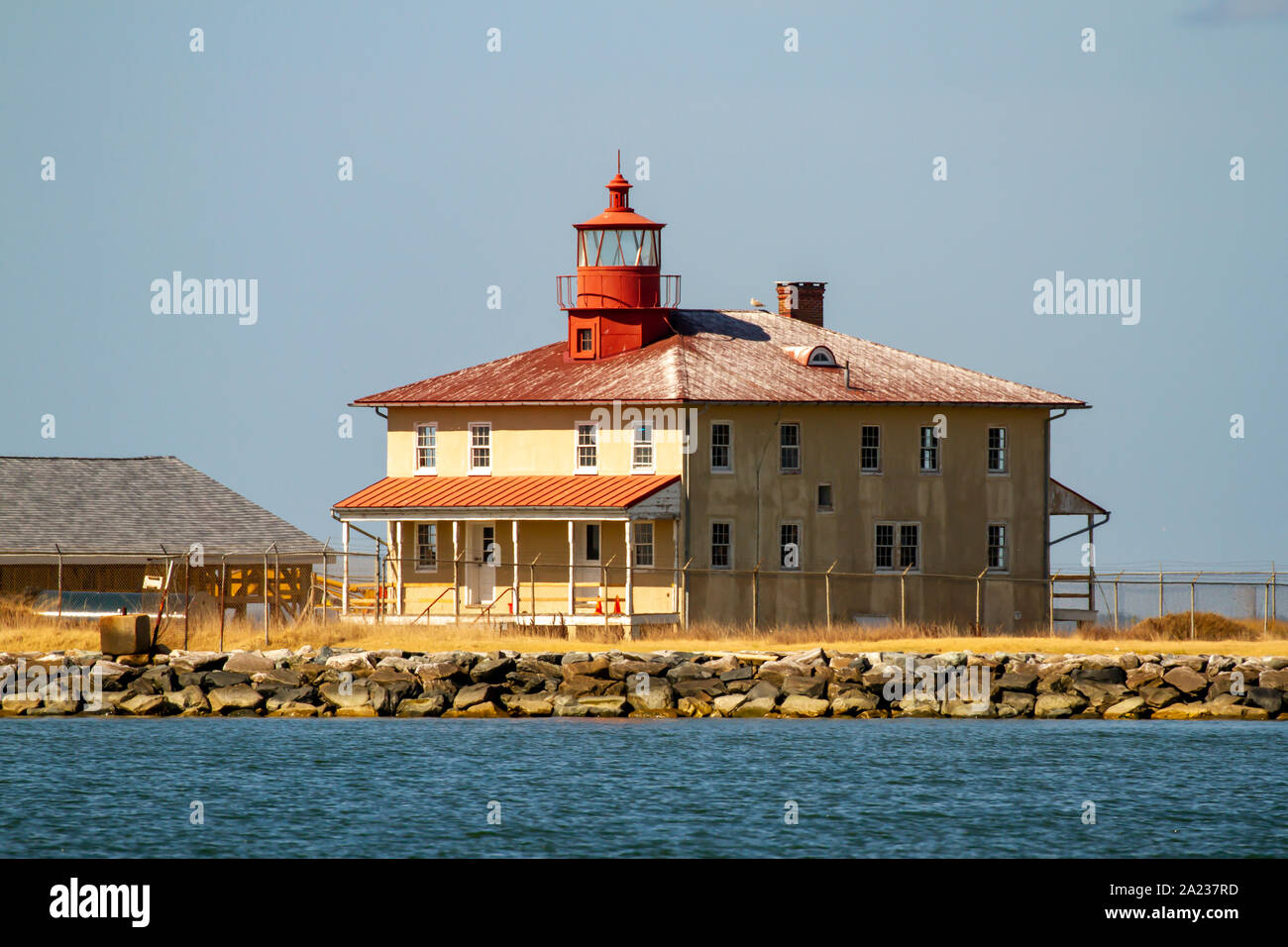 Exterior of Point Lookout Lighthouse along the Chesapeake Bay in rural ...