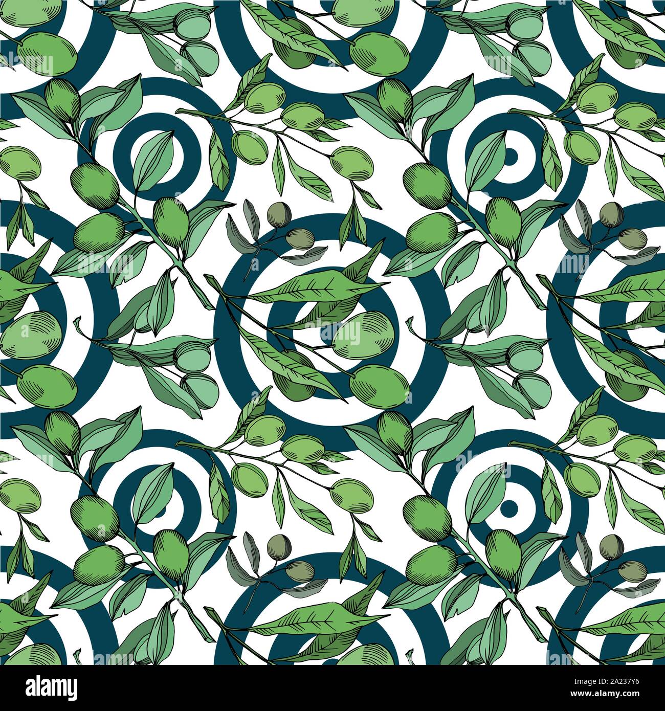 Vector Olive branch with fruit. Black and white engraved ink art. Seamless background pattern ...