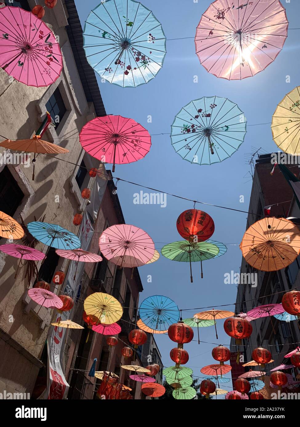 Street with decoration of popular festivals in the Chinatown of Mexico ...