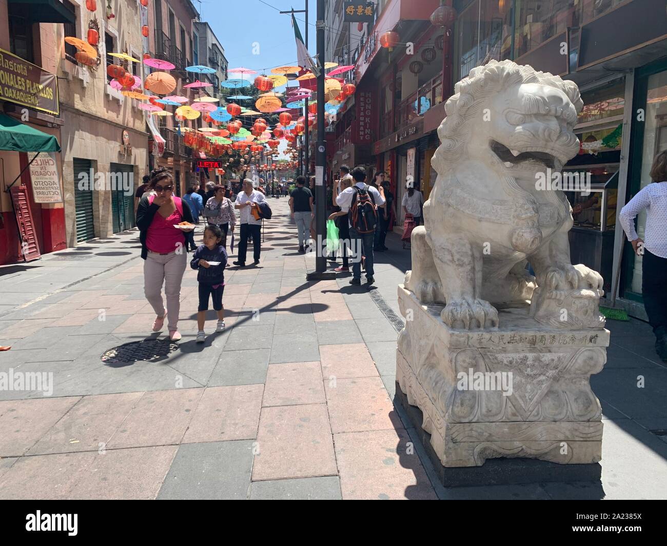 Street with decoration of popular festivals in the Chinatown of Mexico ...