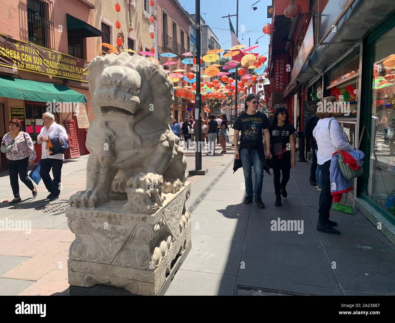 Street with decoration of popular festivals in the Chinatown of Mexico ...