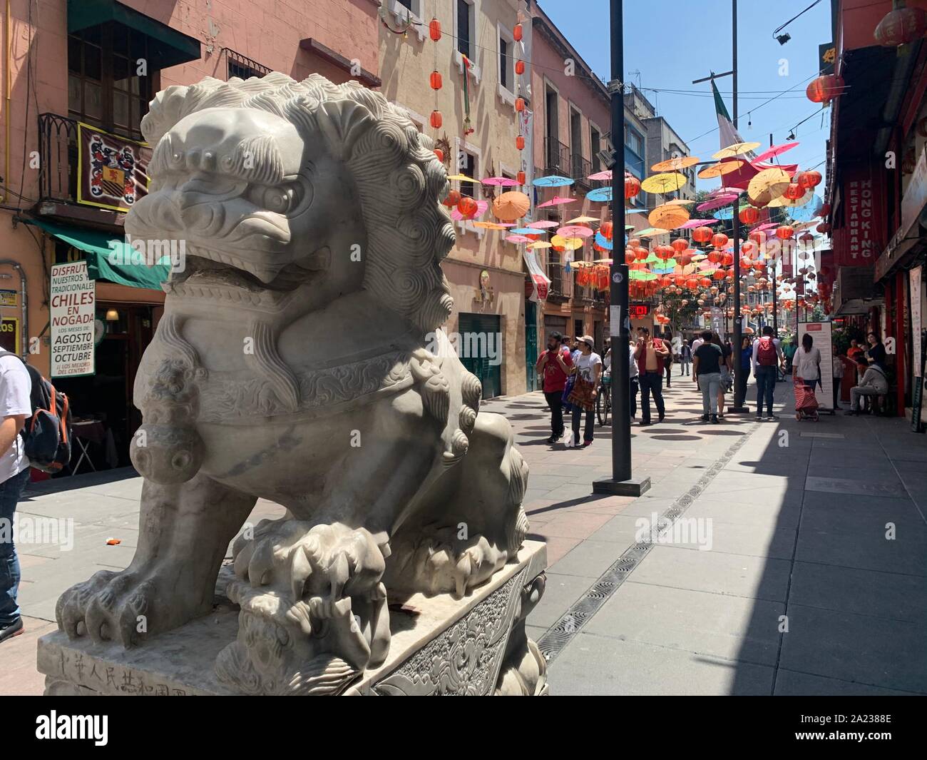 Street with decoration of popular festivals in the Chinatown of Mexico ...