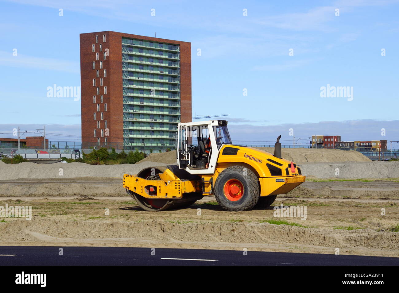 Almere Poort, the Netherland - September 20, 2019: Vibratory roller of ...