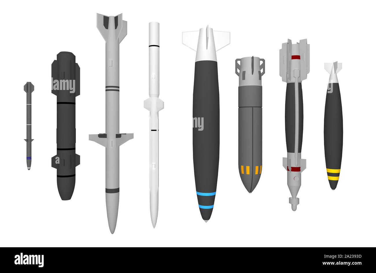 group of different military missiles isolated on white. 3d rendering ...