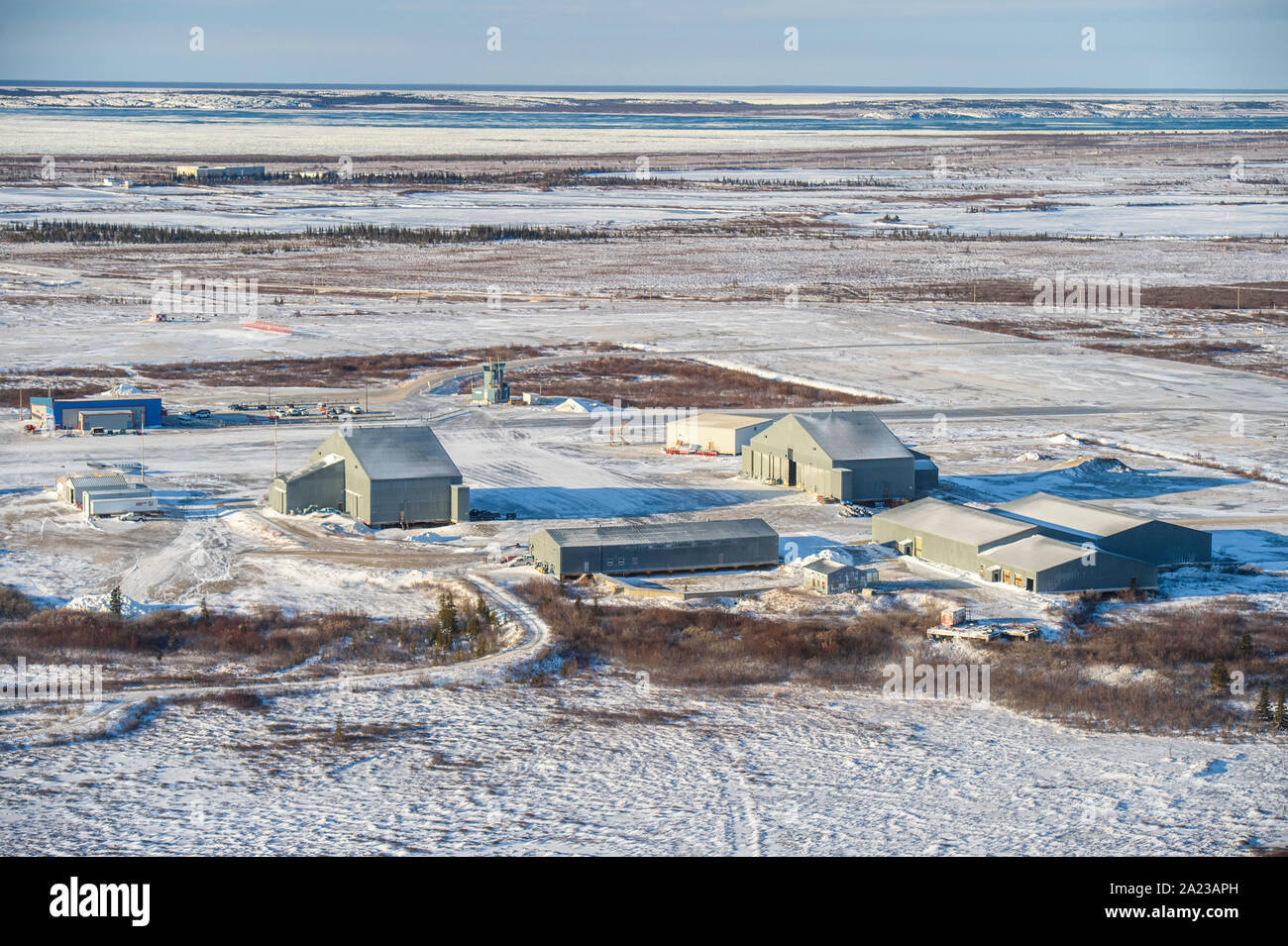Town of Churchill airport from the air in early winter, Churchill ...