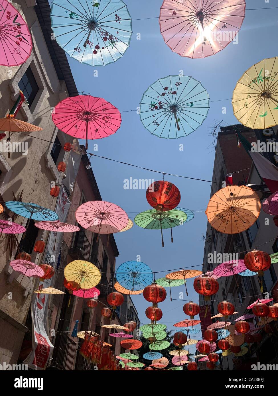 Street with decoration of popular festivals in the Chinatown of Mexico ...