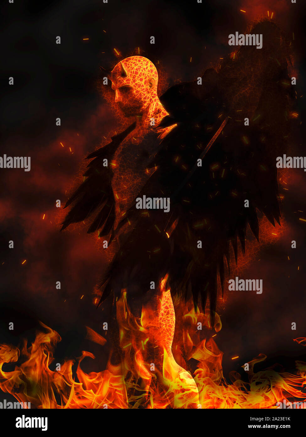 Illustration of the devil character in flames at dark background - 3d ...