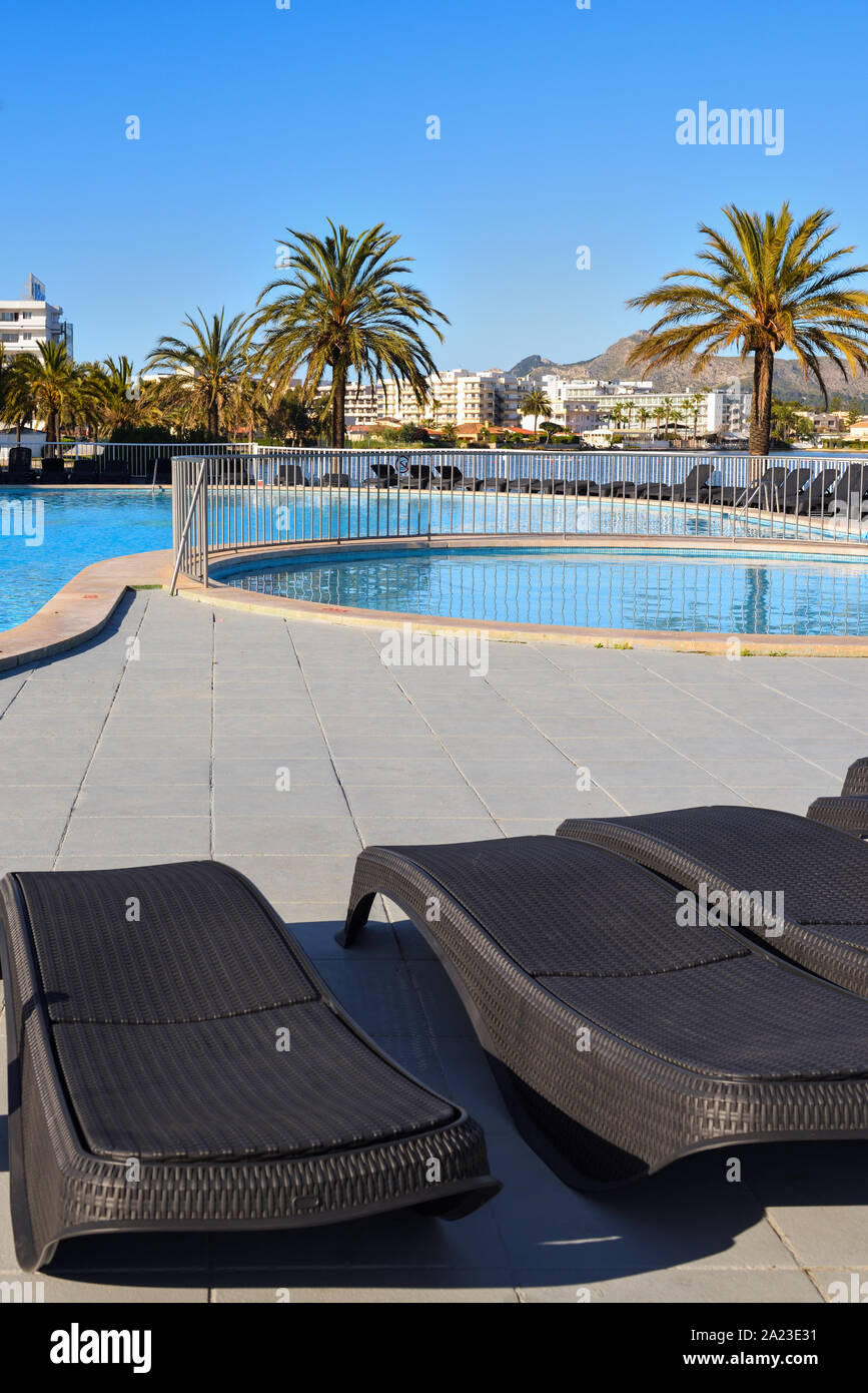 Mallorca, Spain - May 11, 2019: Swimming pool with sunbeds in the ...