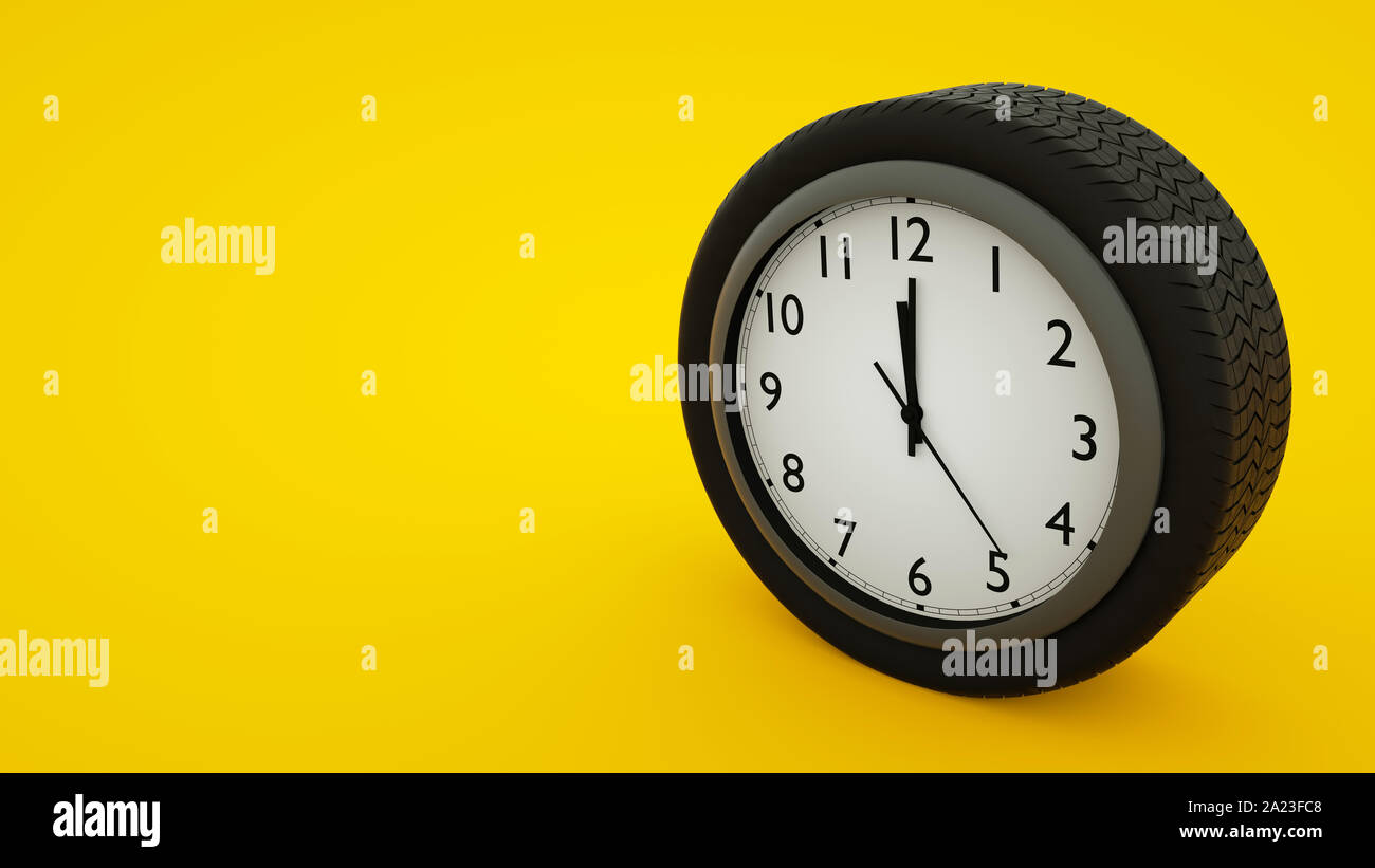 Car wheel clock concept isolated on yellow background. 3d illustration ...