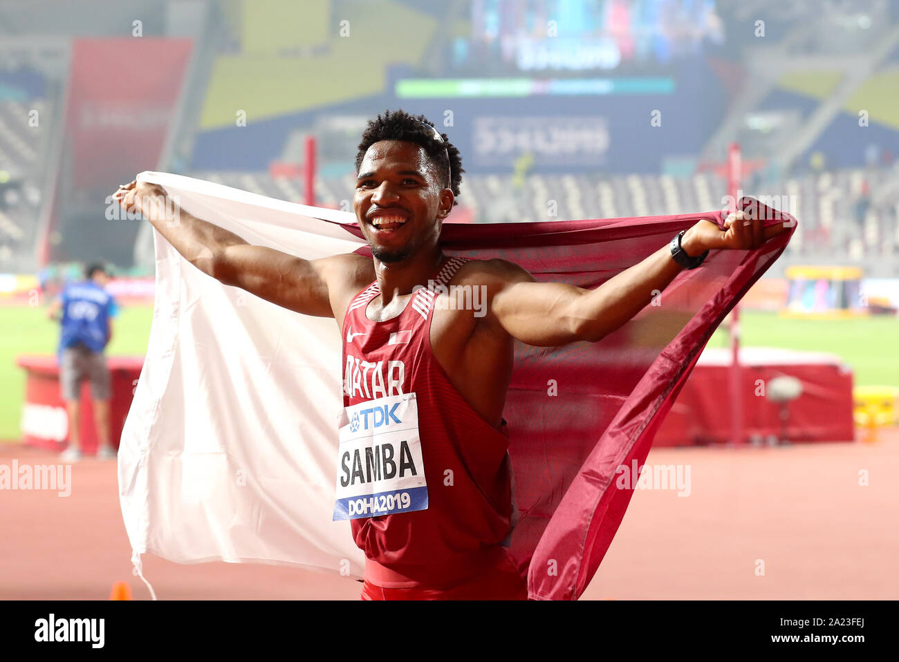 Qatar's Abderrahman Samba celebrates winning bronze in the men's 400 ...