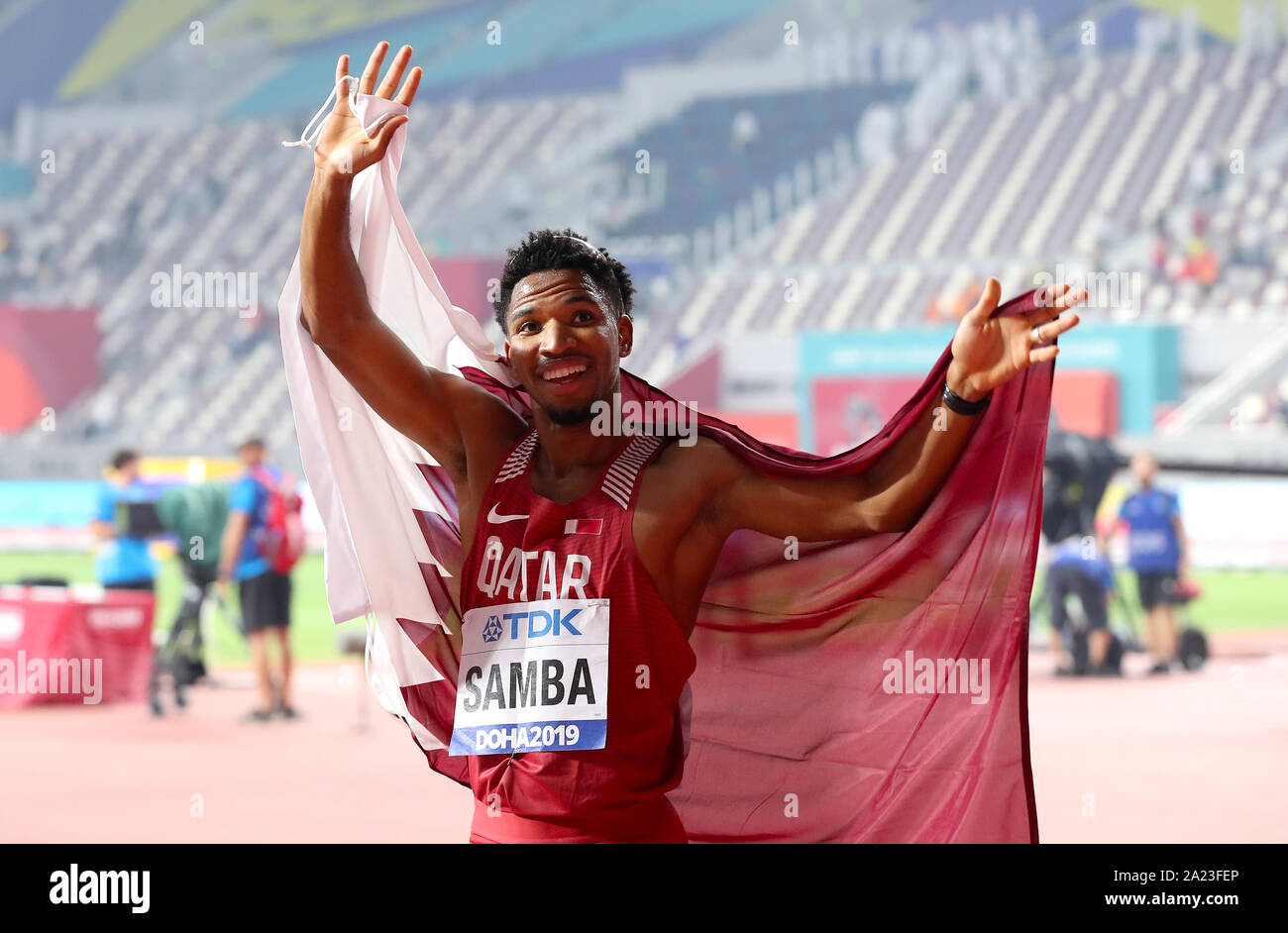 Qatar's Abderrahman Samba celebrates winning bronze in the men's 400 ...