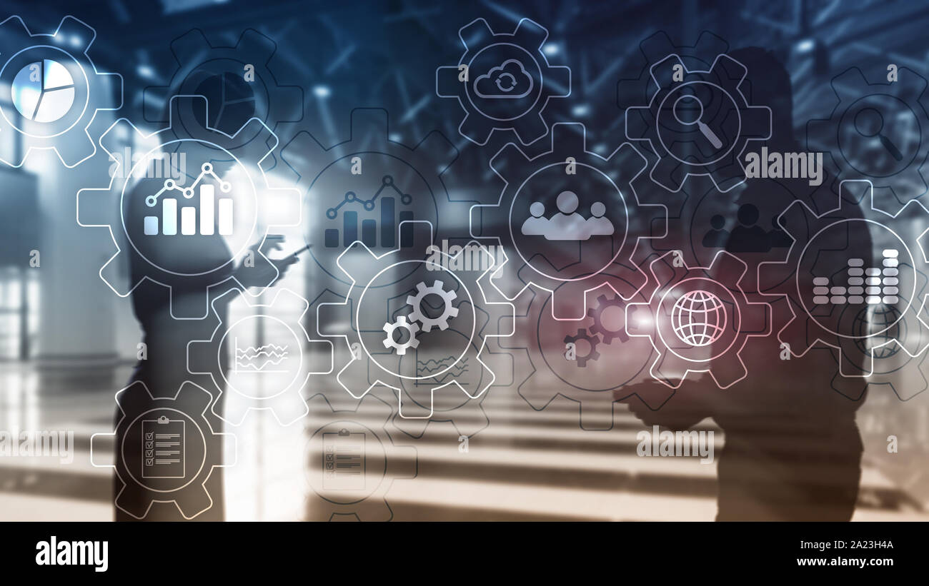 Business process abstract diagram with gears and icons. Workflow and ...