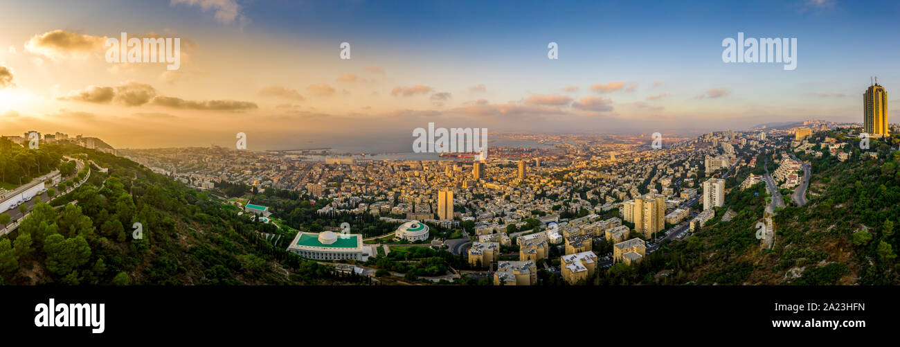 Aerial panorama view of the Carmel and Haifa port before sunset in ...