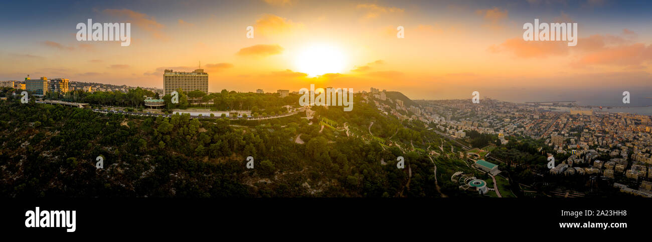 Aerial panorama view of the Carmel and Haifa port before sunset in ...