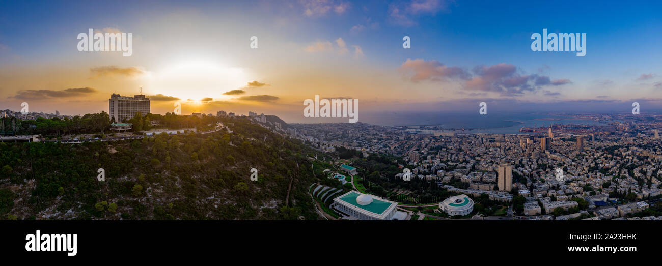 Aerial panorama view of the Carmel and Haifa port before sunset in ...