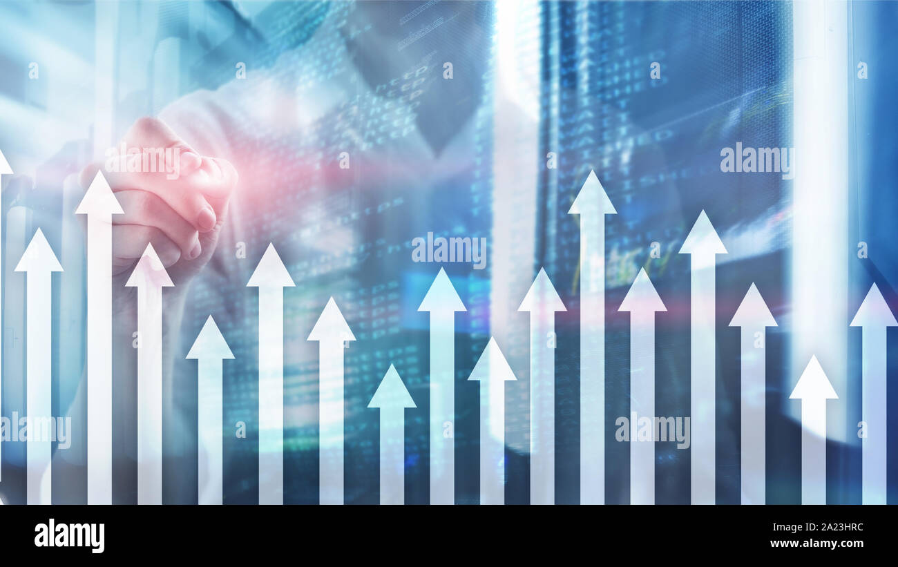 Up arrow graph on skyscraper background. Invesment and financial growth ...