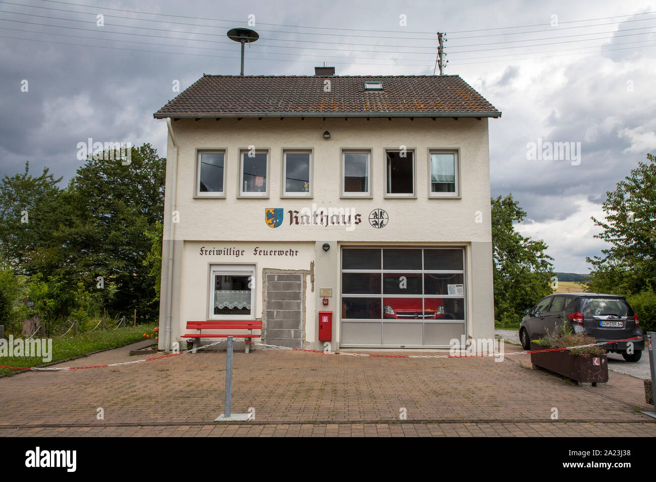 Fire brigade house and town hall, in the village of Patersberg, above ...