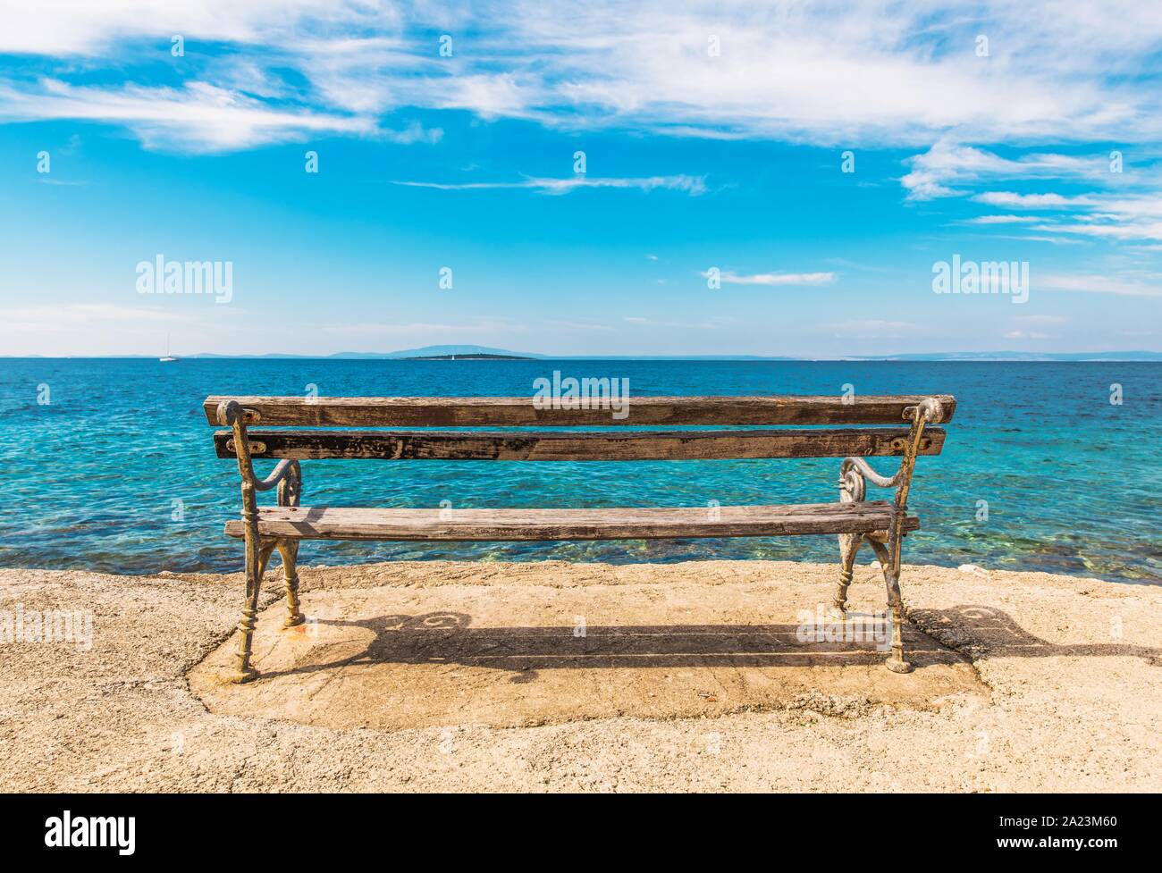 Scenic Sea Front Bench. Adriatic Sea Summer Vacation Destination Stock ...