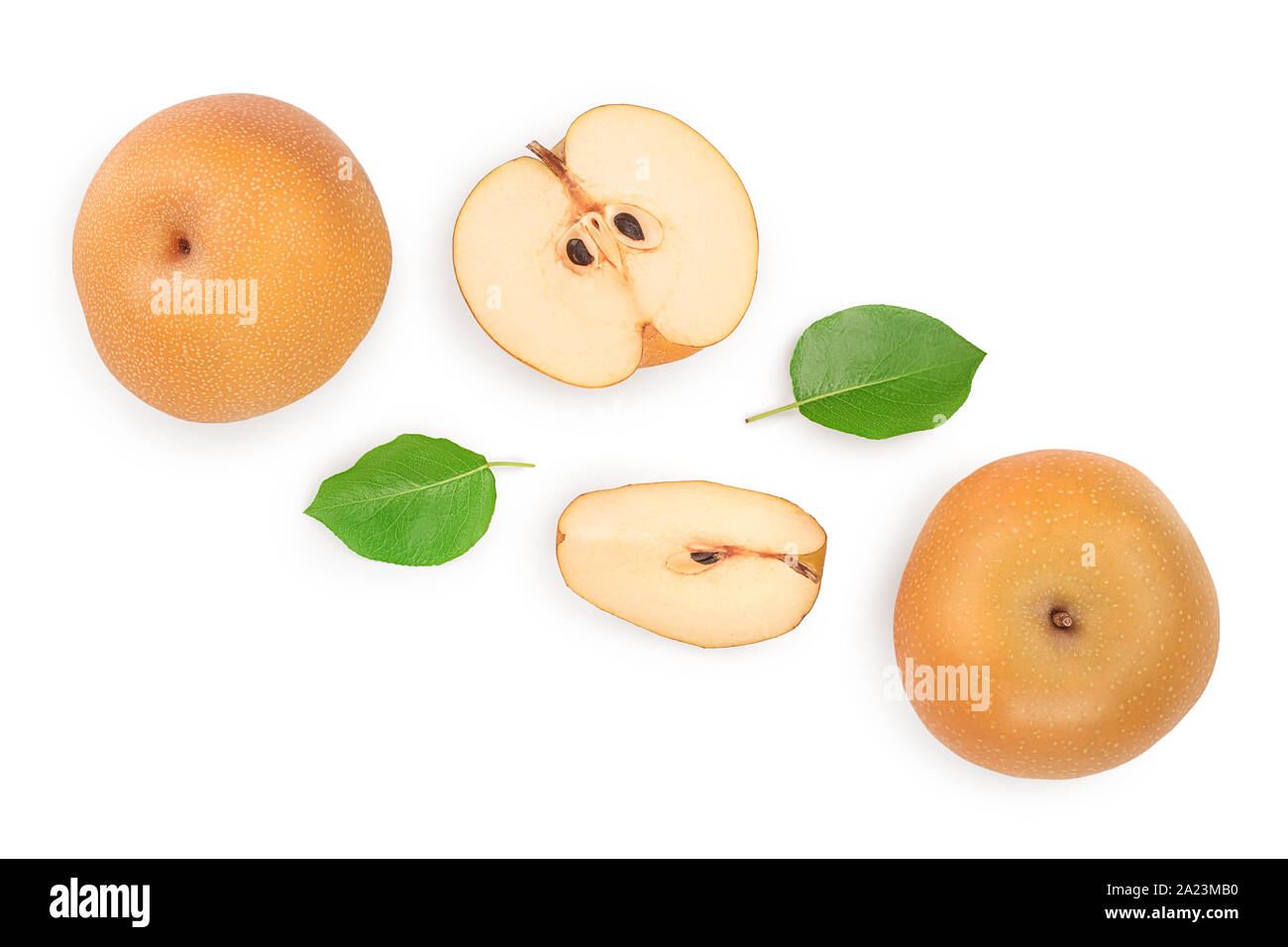 Fresh asian pear with leaves isolated on white background. Top view ...