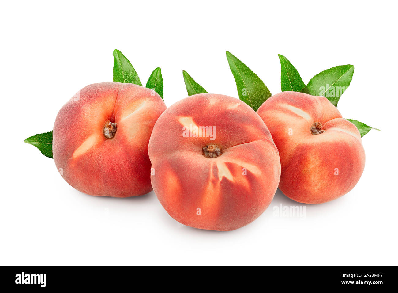 Ripe chinese flat peach fruit with leaf isolated on white background ...