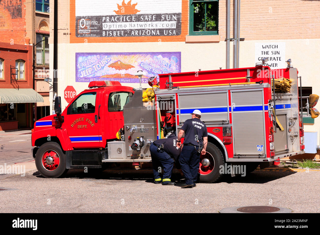 The Bisbee Fire Dept GMC fire engine parked up in downtown Bisbee, AZ ...