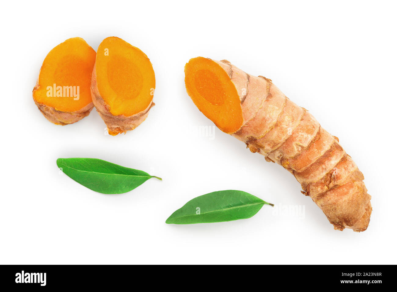 Turmeric root and slice isolated on white background. Top view. Flat ...