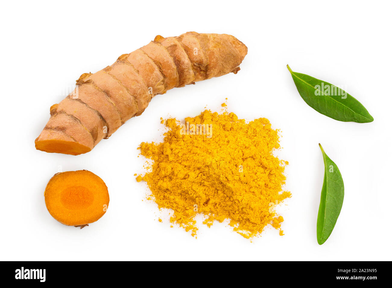 Turmeric powder and turmeric root isolated on white background with ...