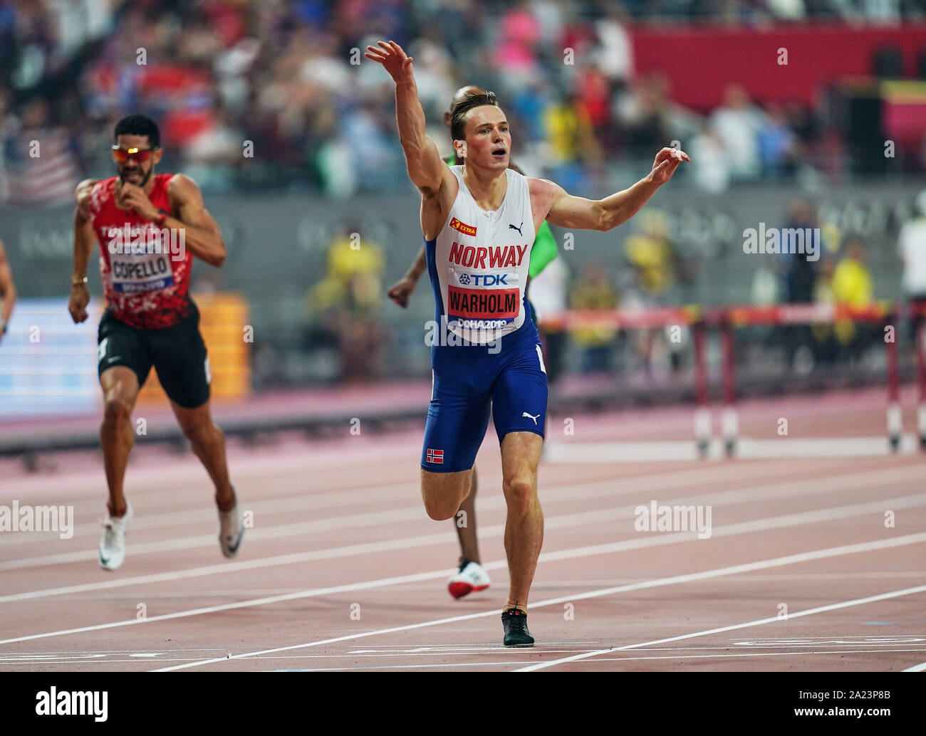Doha, Qatar. 30th Sep, 2019. Karsten Warholm of Norway celebrating ...