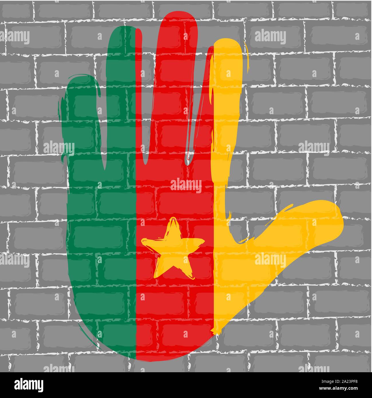 Hand painted with the flag of Cameroon over a grunge brick wall ...