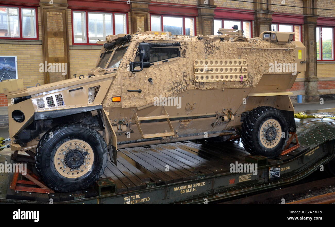 An armoured car on a cargo train at Preston railway station, Lancashire ...
