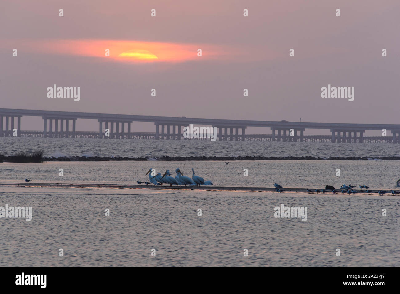 Sunset over Aransas Bay and the Lyndon B Johnson Causeway, Goose Island ...