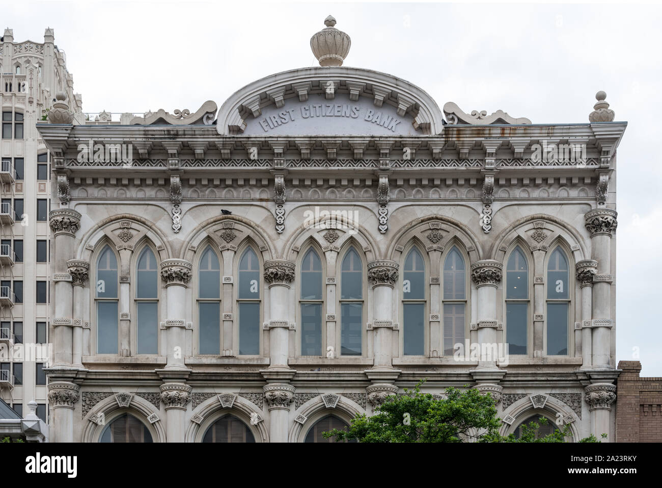 Ornate upper reaches of the First Citizens Bank Building in downtown ...