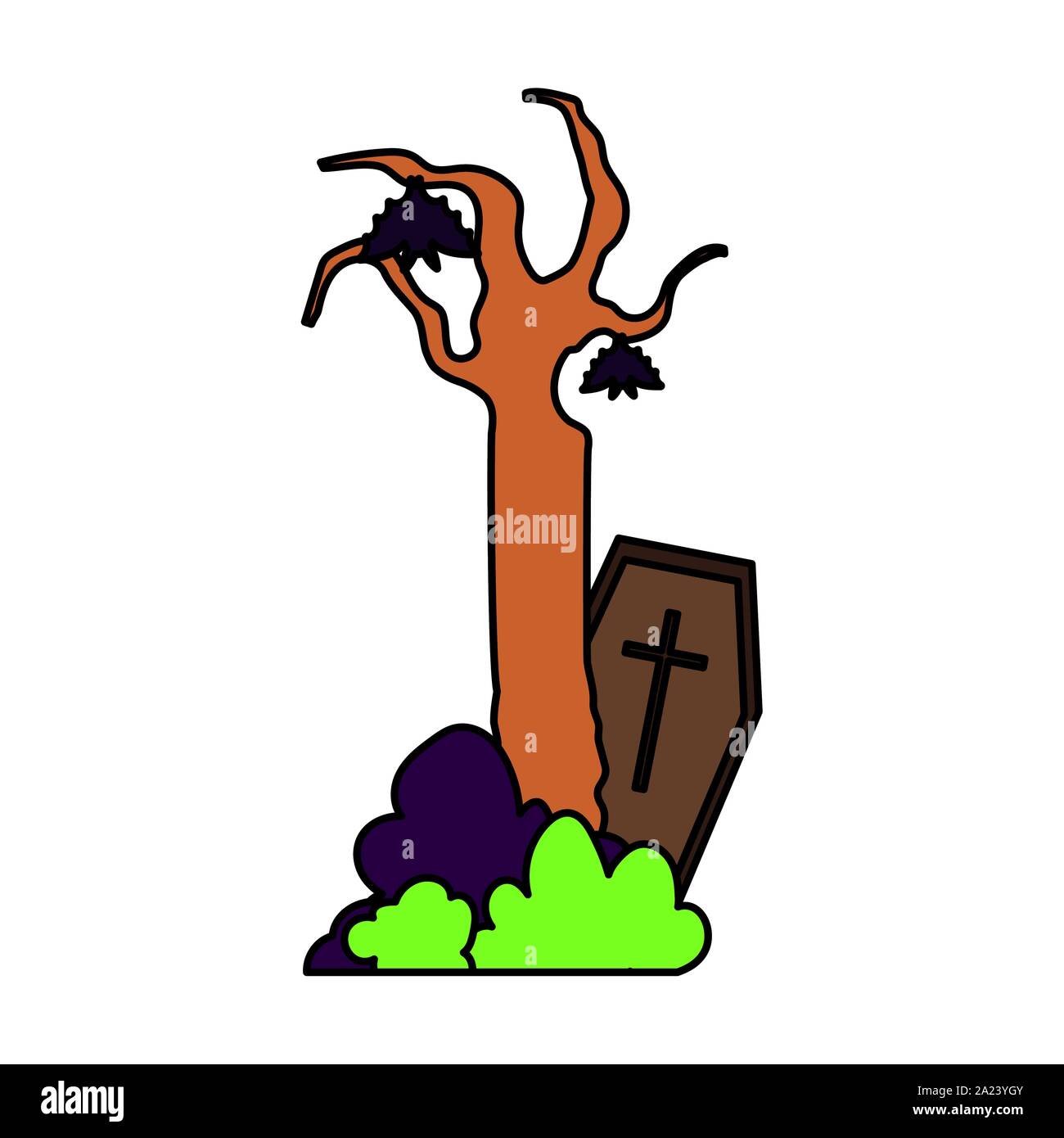 bats coffin dry tree bushes trick or treat happy halloween vector ...