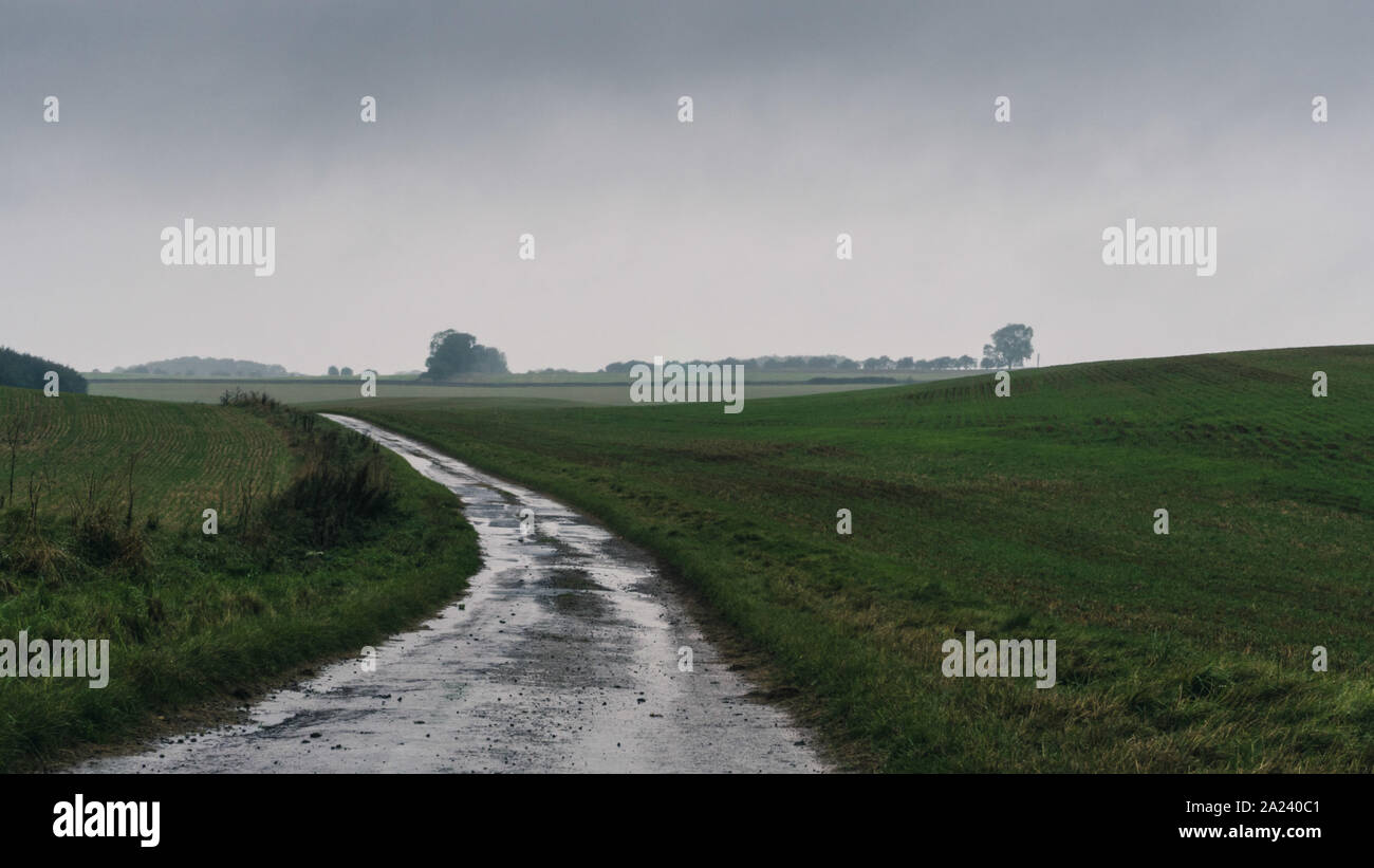 A wet track leading into the distance, across the English countryside ...
