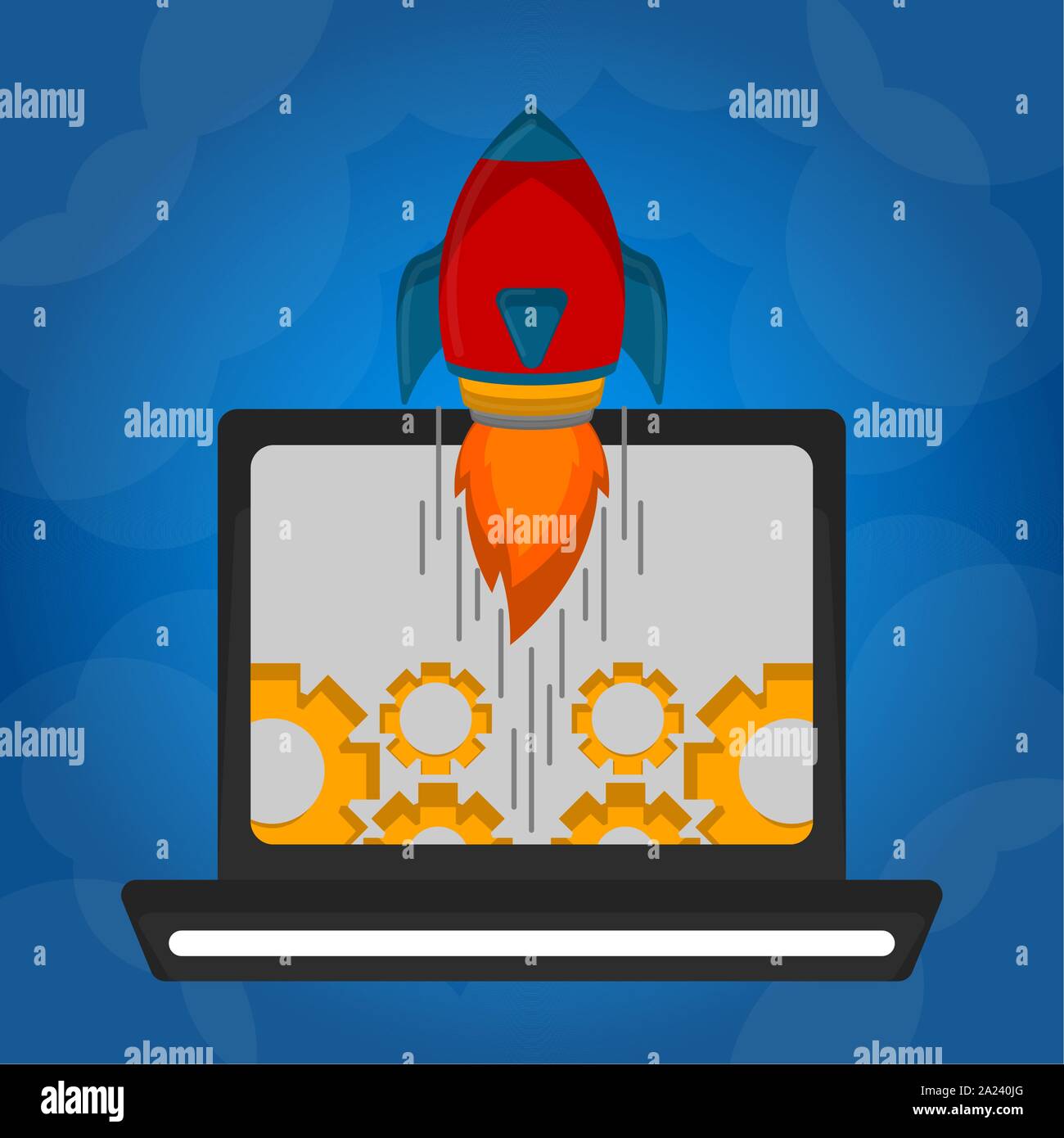 Rocket taking off from a laptop with gear. Startup concept - Vector ...