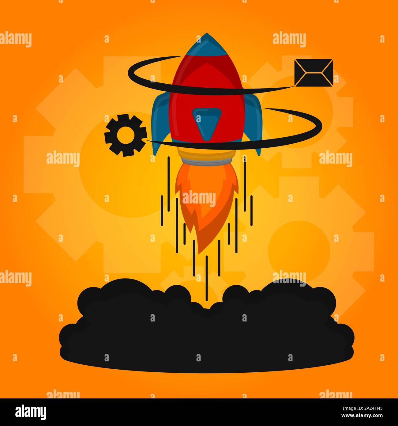 Rocket taking off with gears and envelope. Startup concept - Vector ...