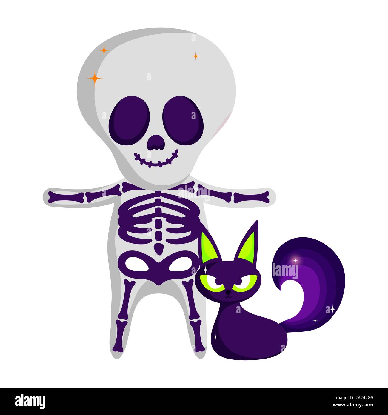 boy skeleton costume and cat trick or treat happy halloween vector ...