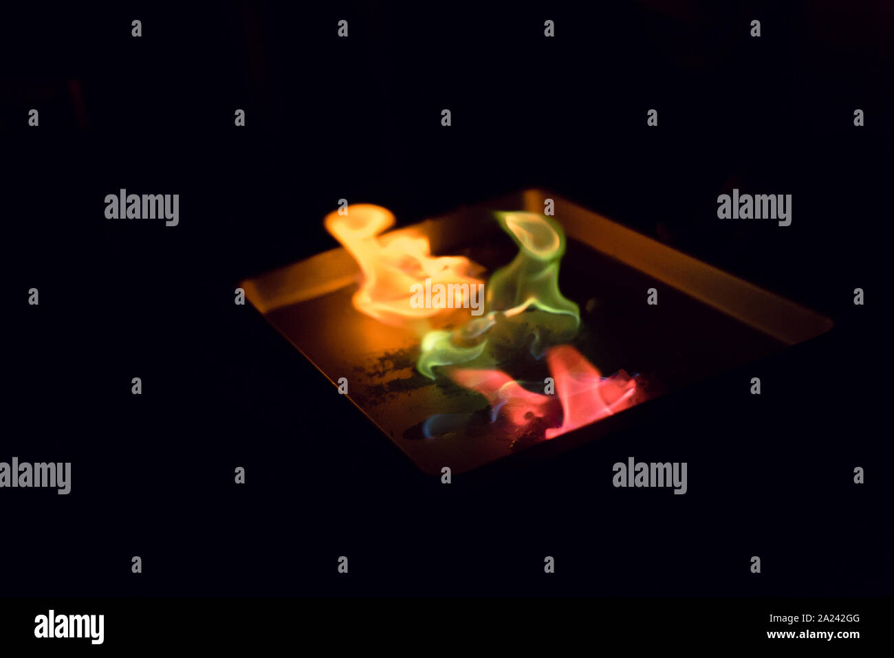 Experiments in the laboratory. Colored fire in a bowl. Yellow, green ...