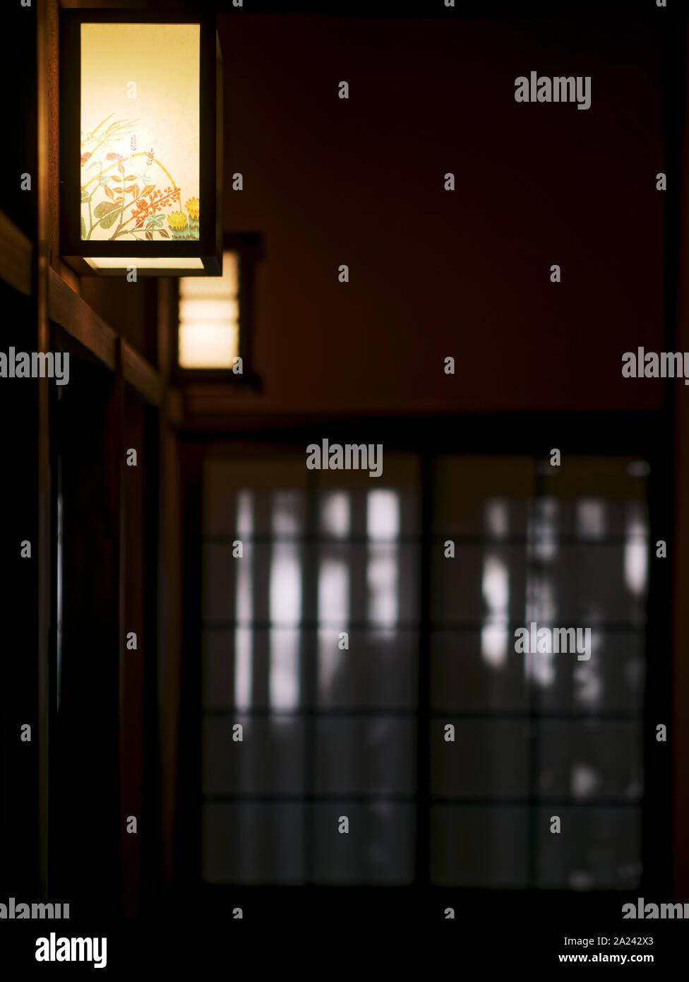 Traditional Japanese lamps and Shoji paper window. Dark background ...