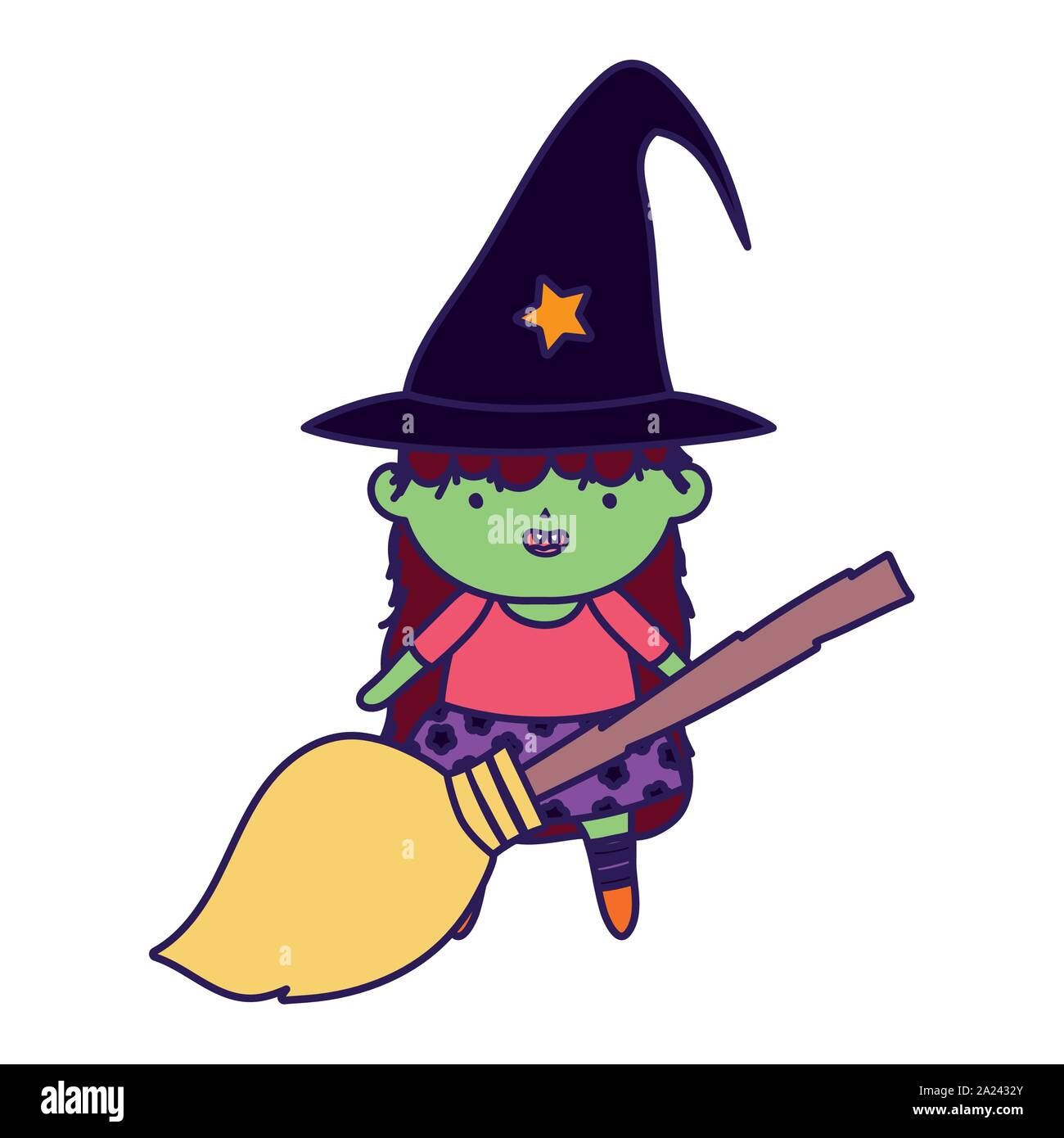 girl witch costume with broom trick or treat happy halloween vector ...
