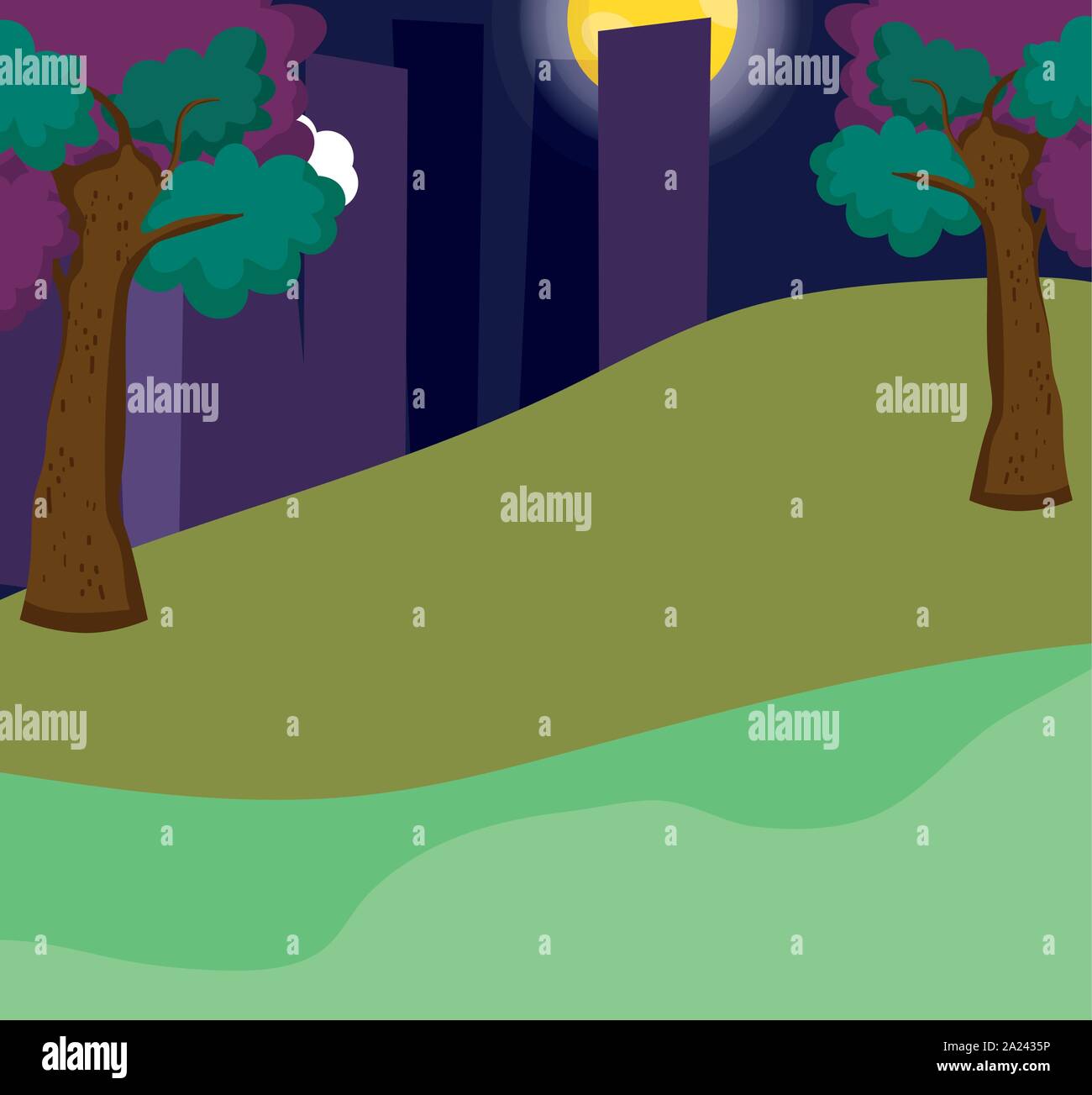 night moon tree grass landscape cartoon vector illustration Stock ...